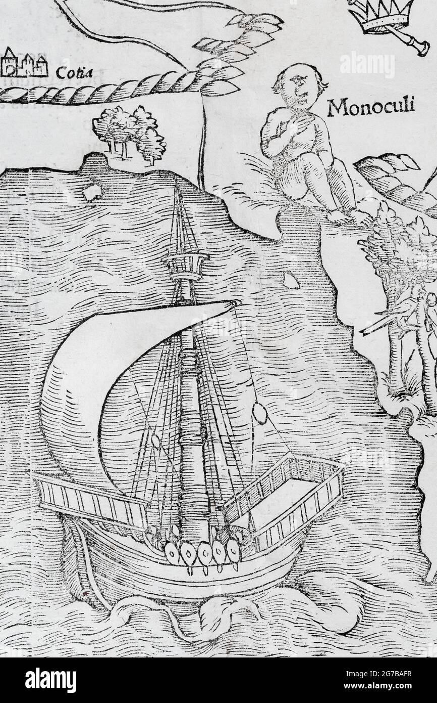 Sailing ship and one-eyed giant (Monoculi), detail, earliest printed ...