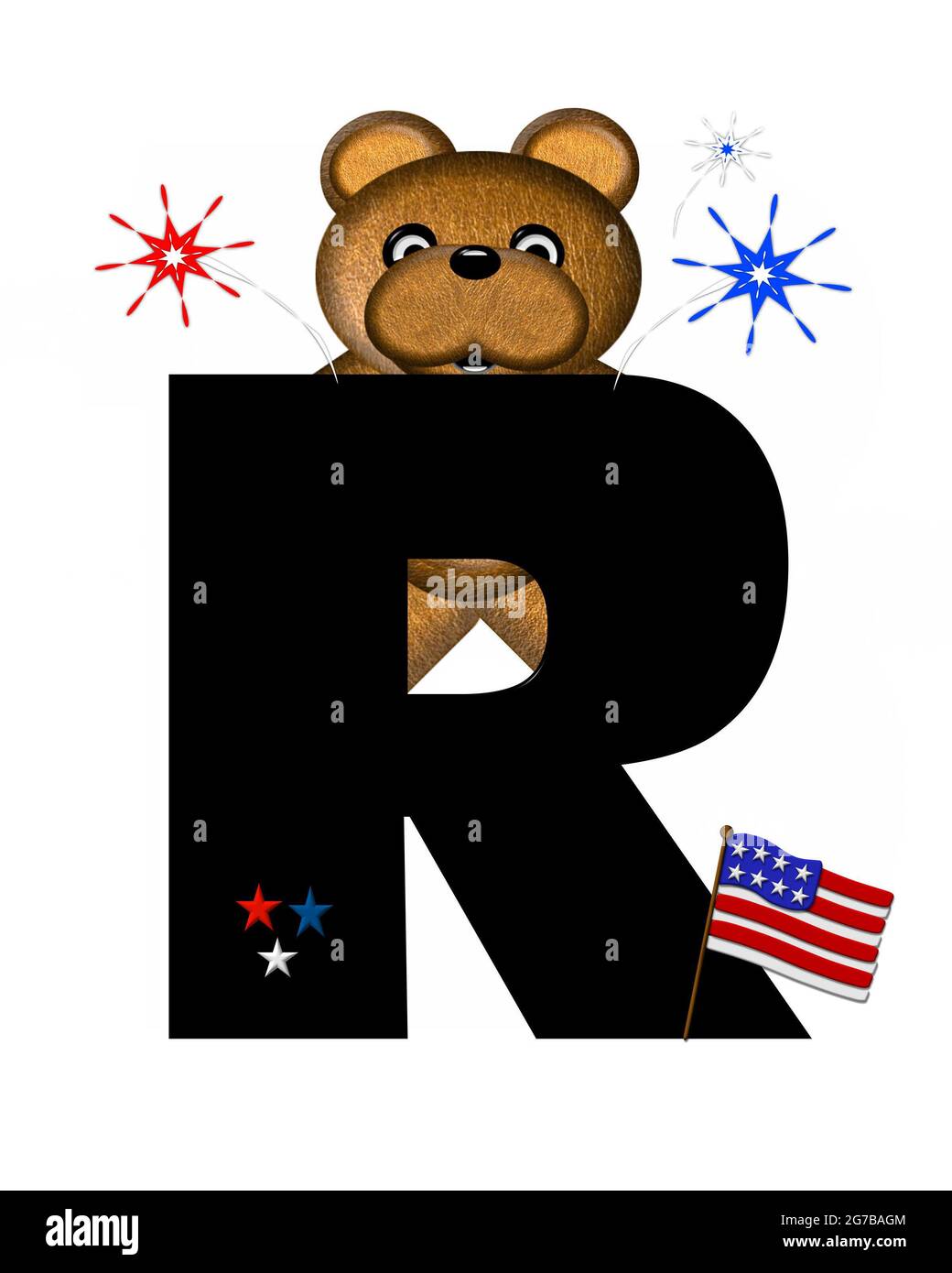 The letter R, in the alphabet set "Teddy 4th of July," is black. Brown ...