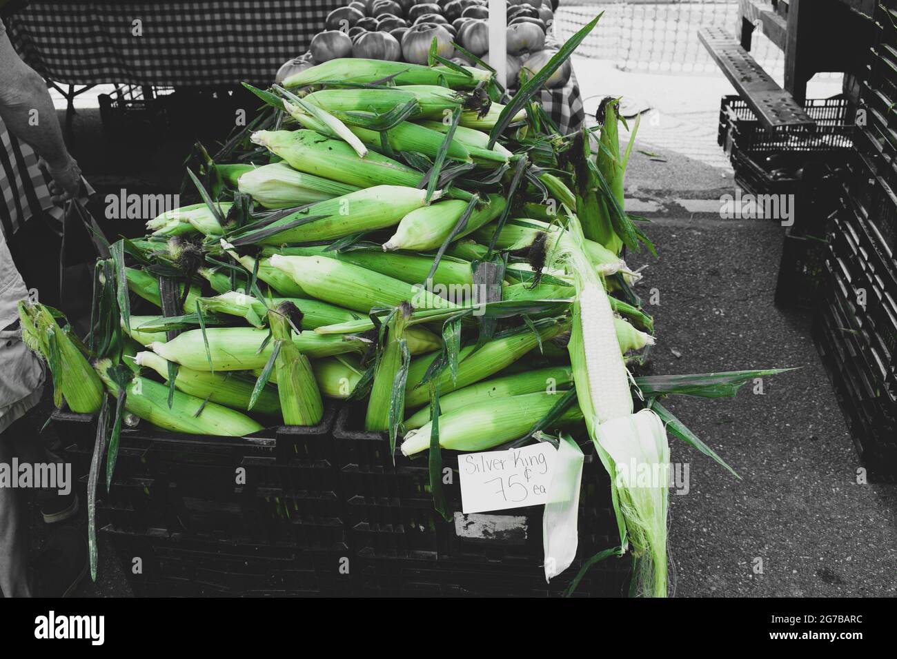 Ear of corn piled up in a box, on display for sale Stock Photo - Alamy