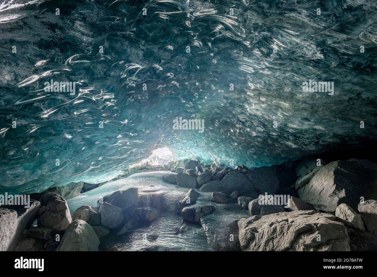 Glacier cave, ice cave, Morteratsch glacier, Engadine, Grisons ...