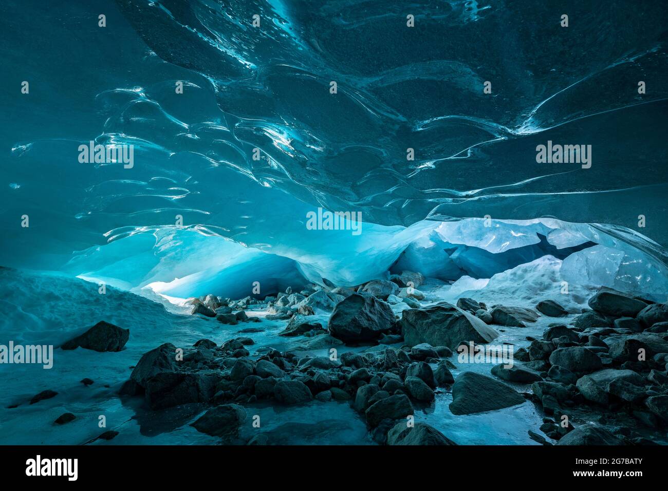 Glacier cave, ice cave, Morteratsch glacier, Engadine, Grisons ...