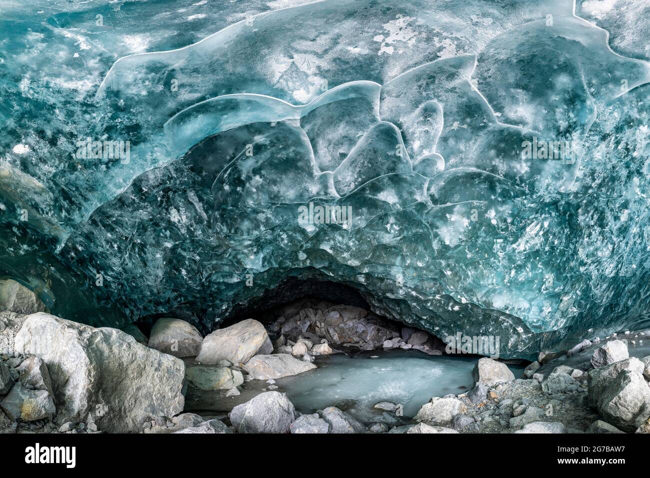 Glacier cave, ice cave, Morteratsch glacier, Engadine, Grisons ...