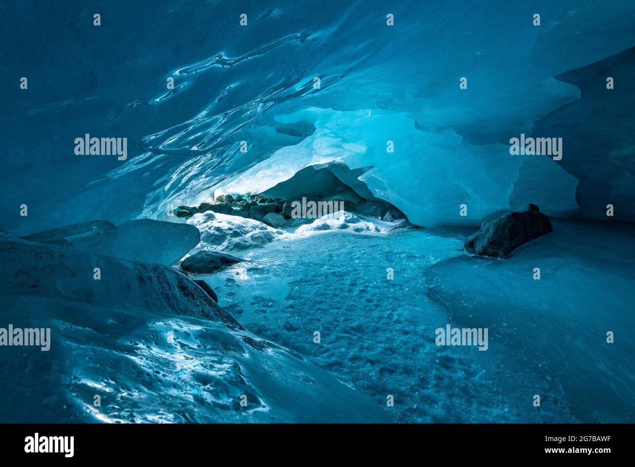 Glacier cave, ice cave, Morteratsch glacier, Engadine, Grisons ...
