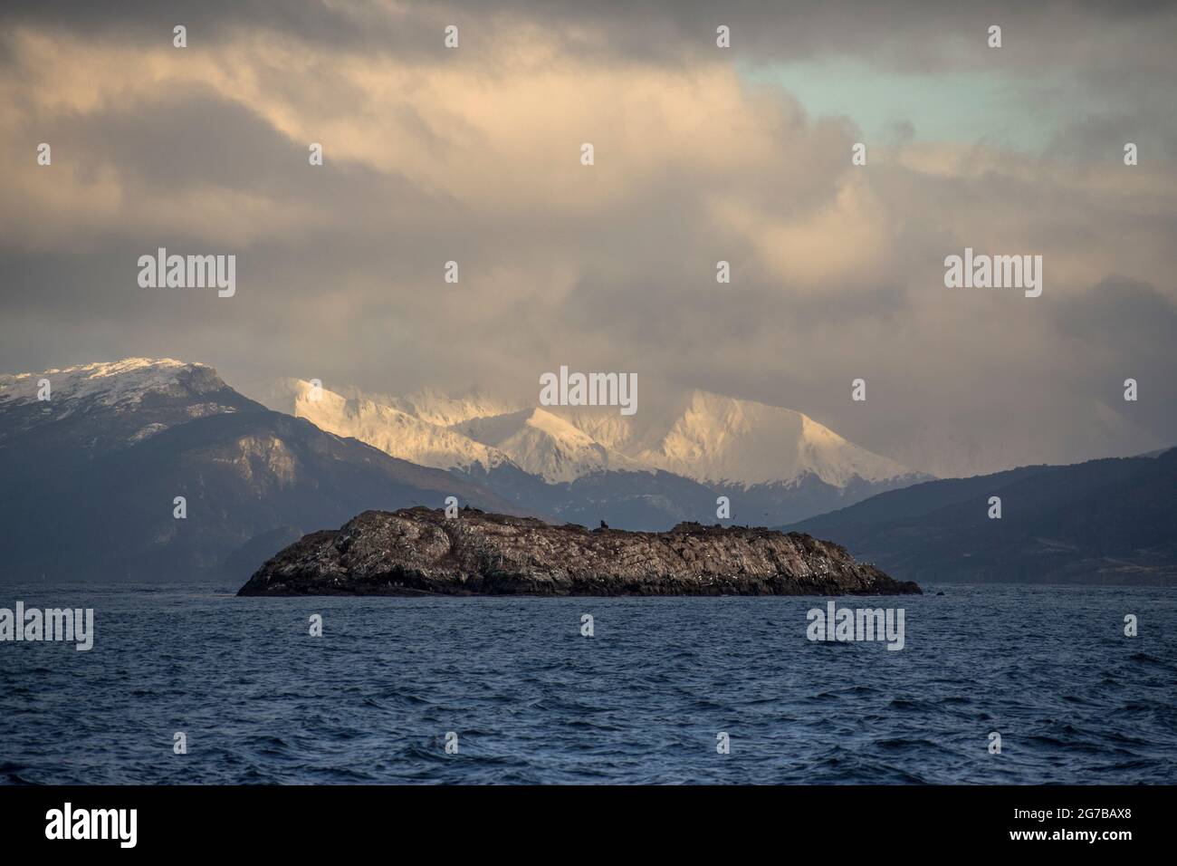 Centered photo of a little desertic island with sea animals and snowed ...