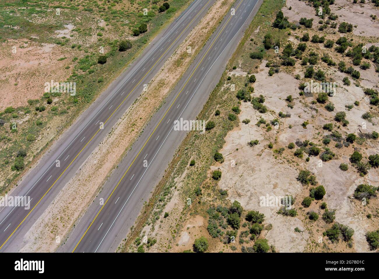 Aerial view over route 66 desert highway road in New Mexico Stock Photo ...