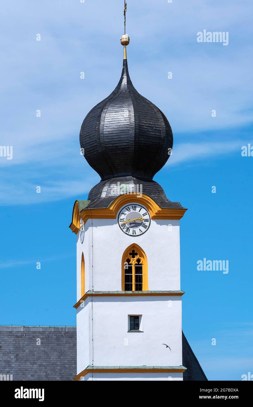 Onion tower with tower clock, Upper Bavaria, Bavaria, Germany Stock ...