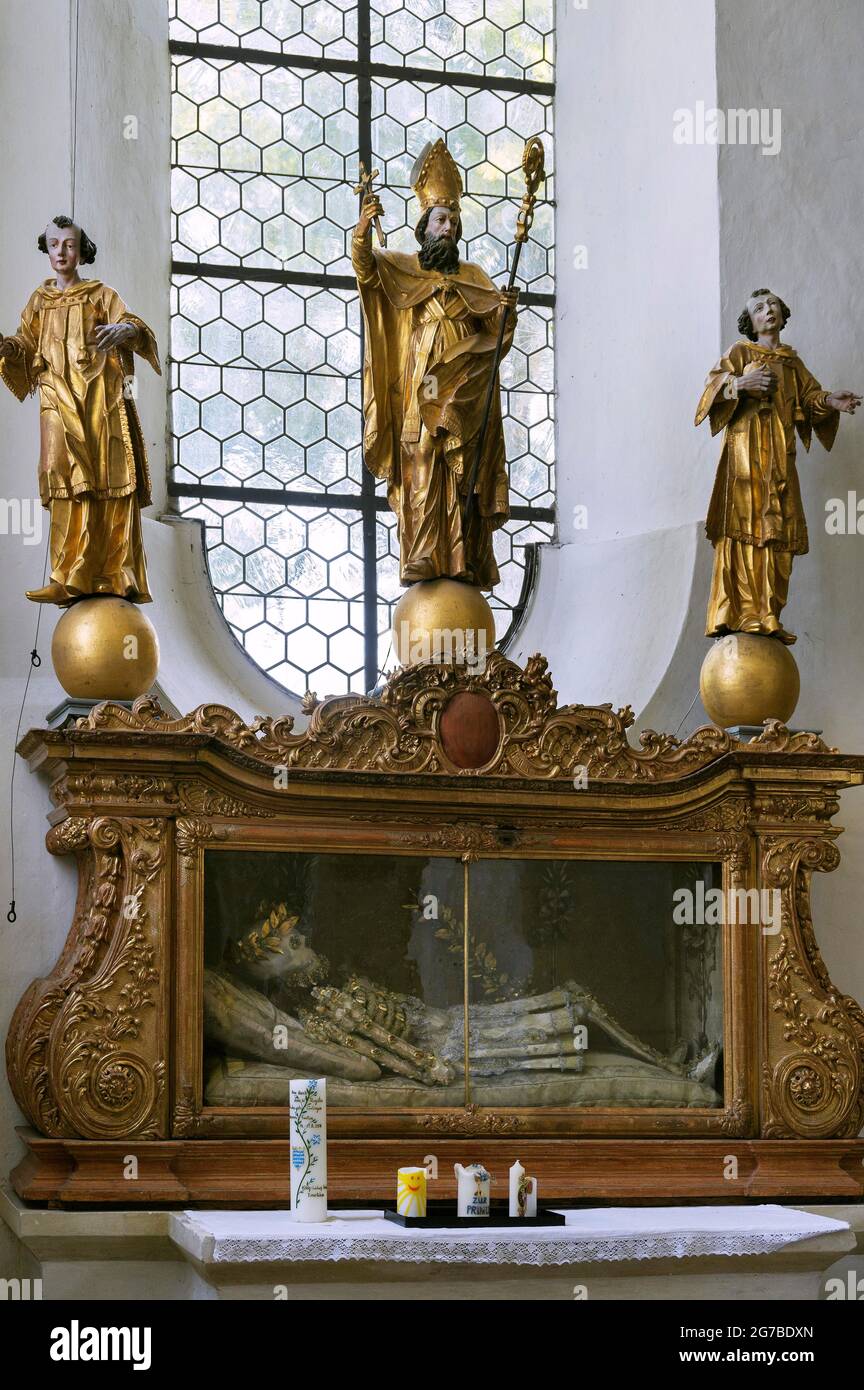 Decorated skeleton of a saint, monastery church of St. Lambert, Seeon ...