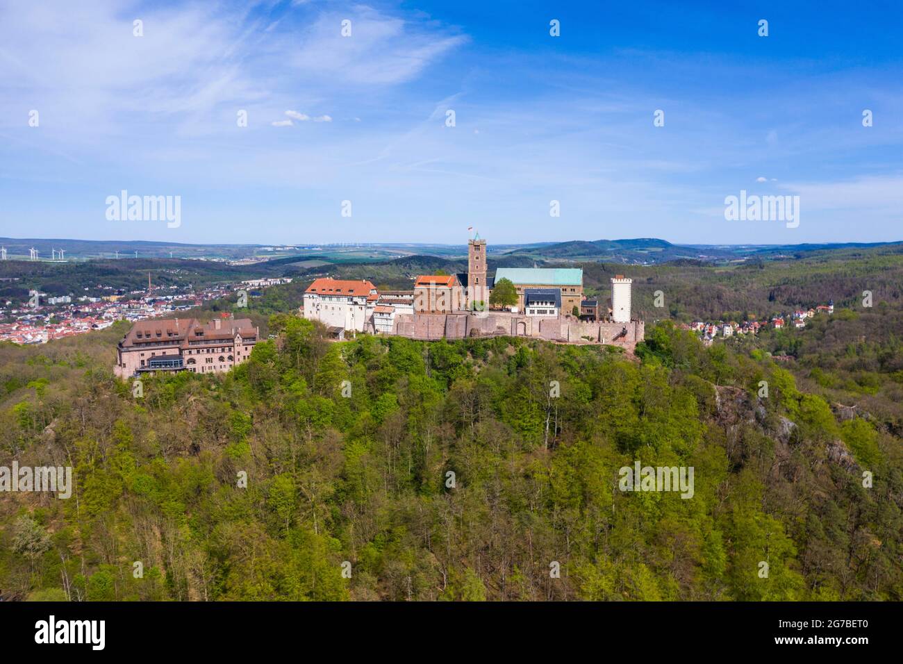 Aerial of the Unesco world heritage site Wartburg castle, Thuringia ...