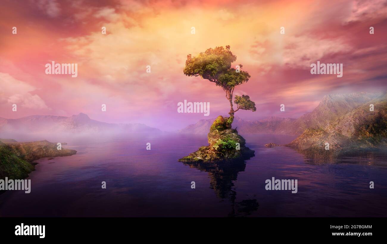 Colorful landscape with an island on the lake, 3D render Stock Photo ...