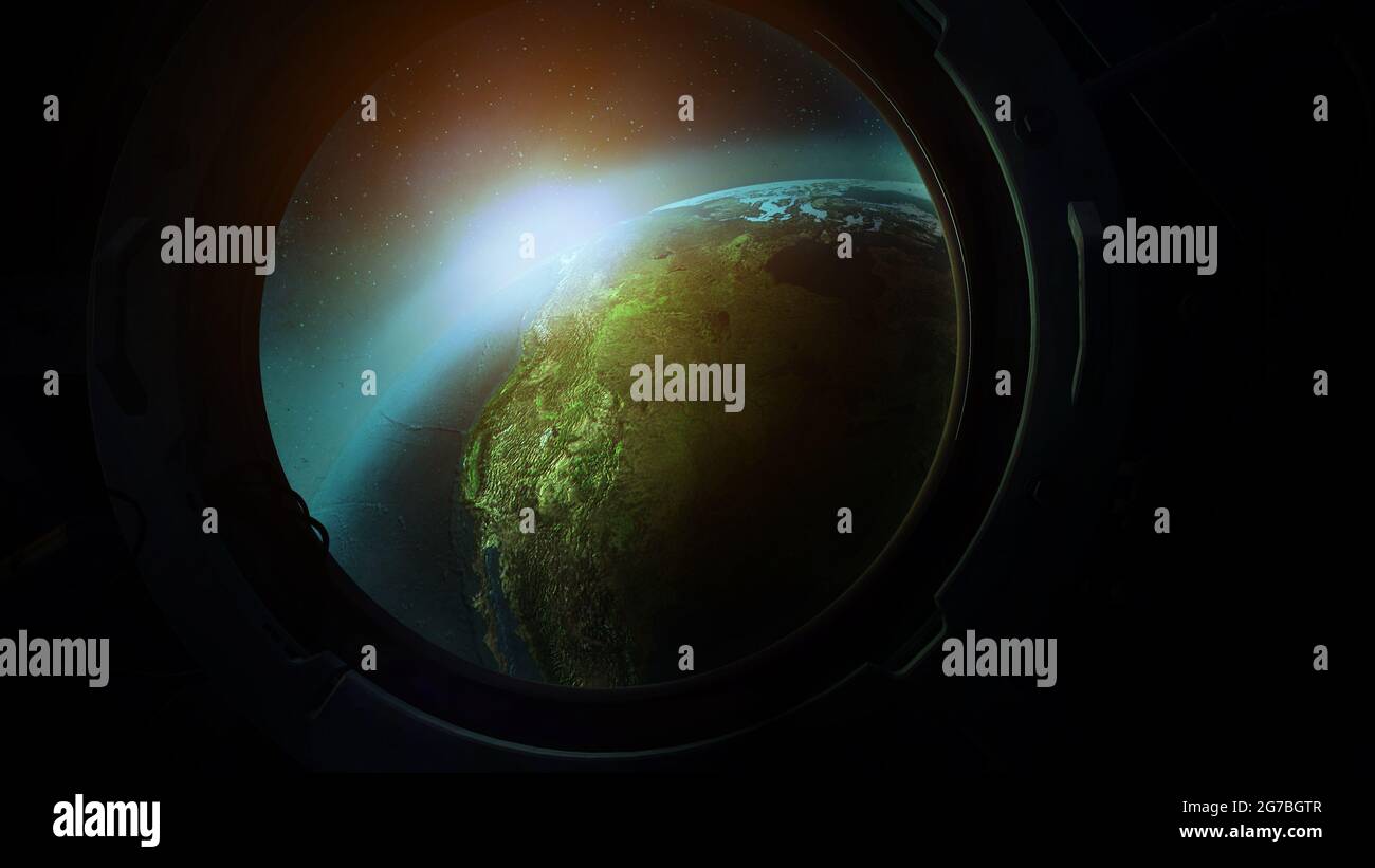 View of planet earth from the porthole from orbit. 3D render Stock ...