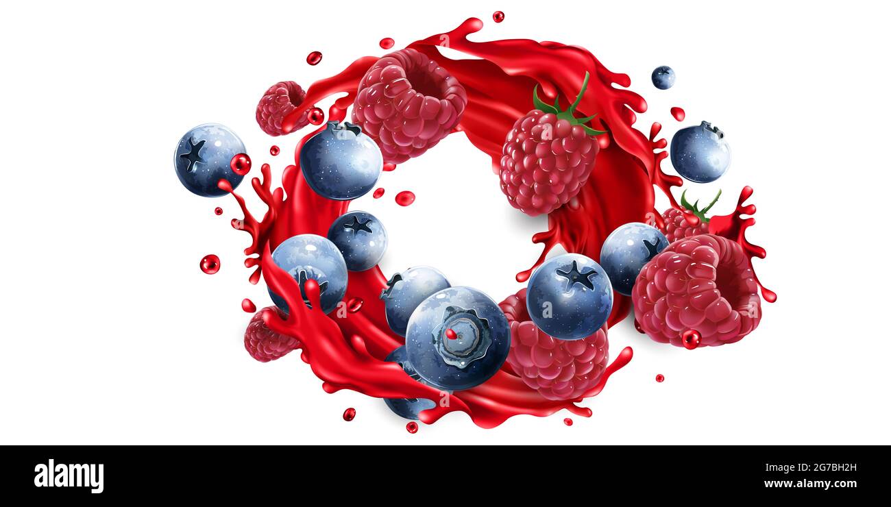Blueberries and raspberries and fruit juice splash Stock Photo - Alamy