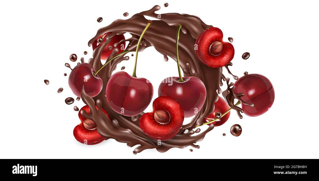 Whole and sliced cherries in a chocolate splash Stock Photo - Alamy