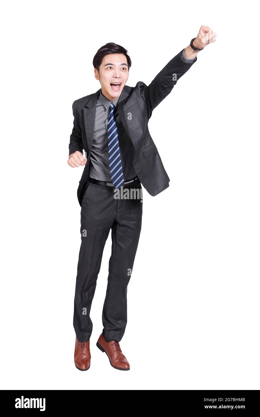 Young businessman raising hands up.Isolated on white background Stock ...