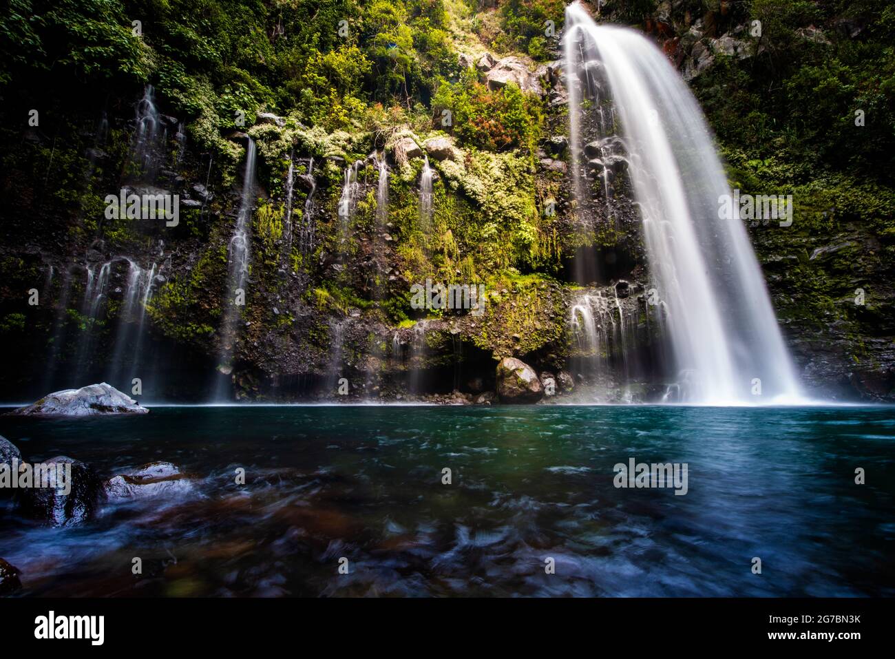 Grand bassin waterfall after hiking the steep trail down to bottom of ...