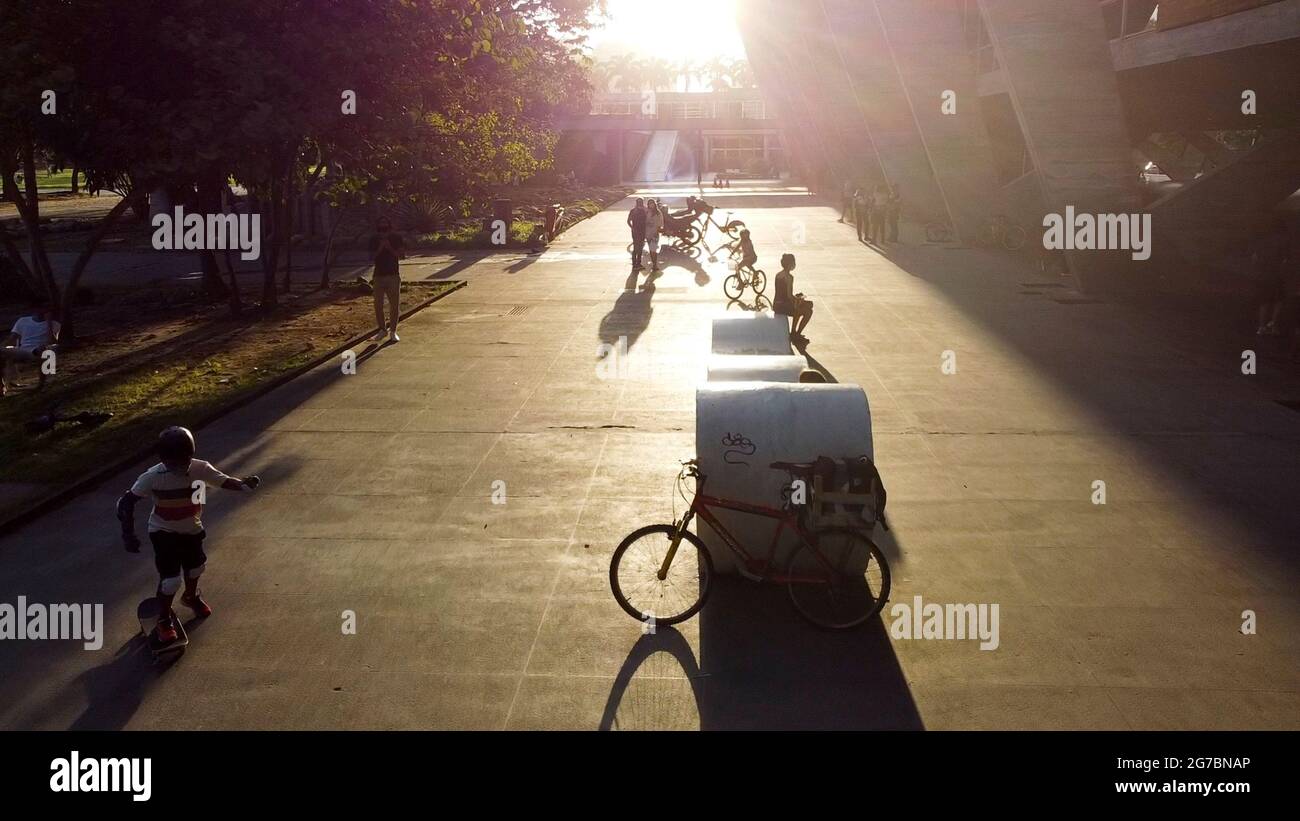 Children playing at sunset at the front of MAM (Museu de Art e Moderna ...