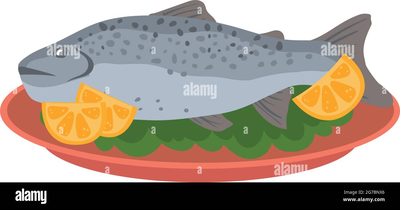 Fresh baked fish with lemon slices - Vector illustration Stock Vector ...