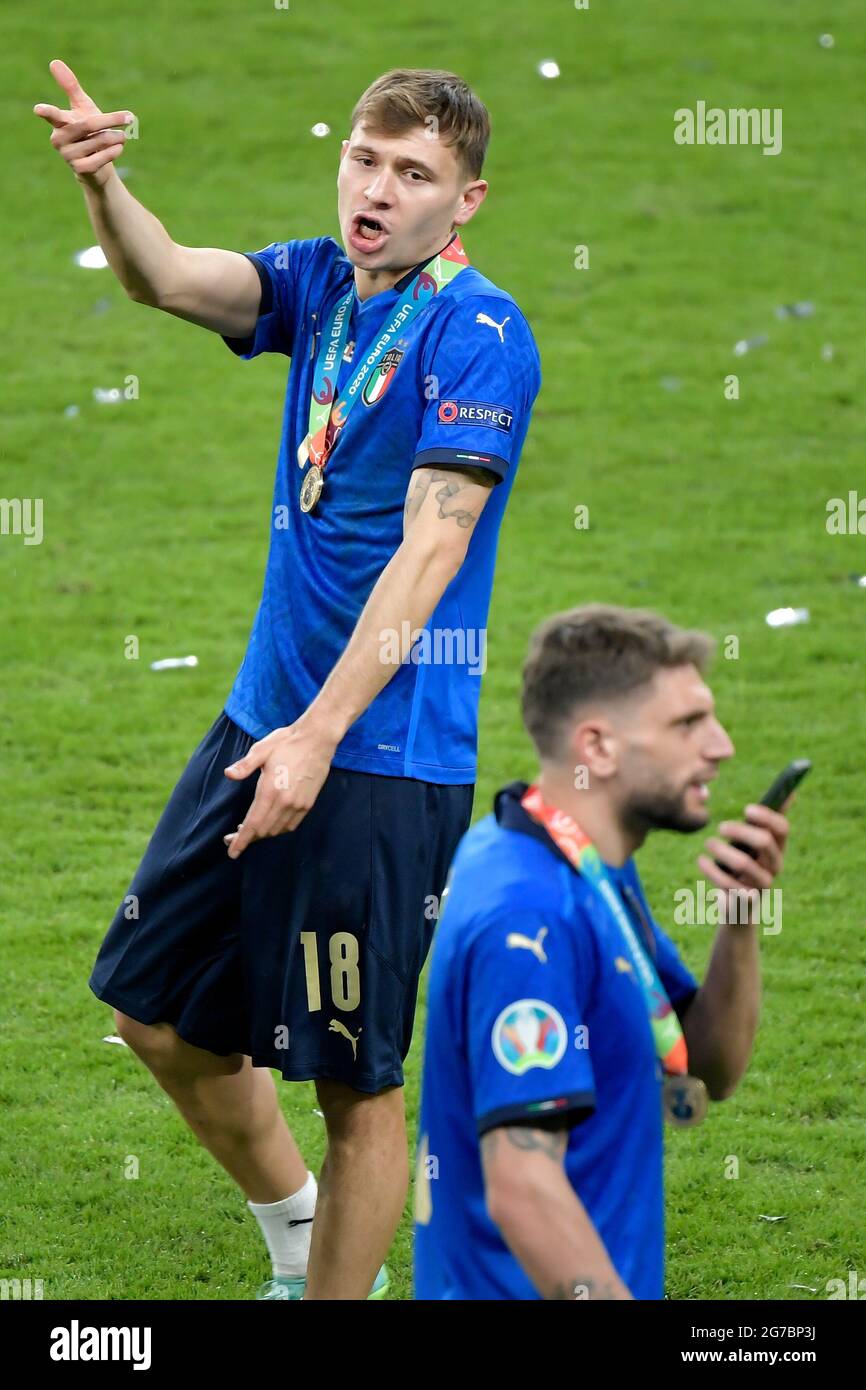 London, UK. 12th July, 2021. Nicolo Barella of Italy celebrates the ...