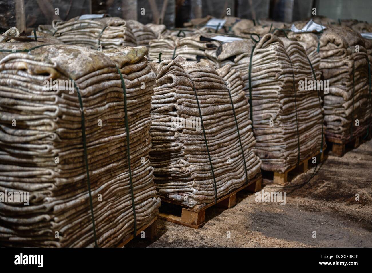 Raw salted cow skins are piled up Stock Photo - Alamy
