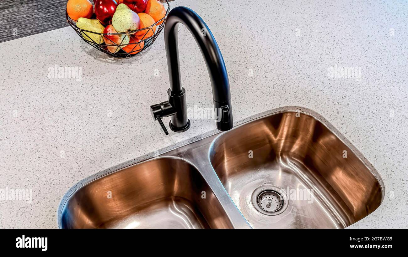 Pano Top view of stainless steel double basin undermount sink and black ...