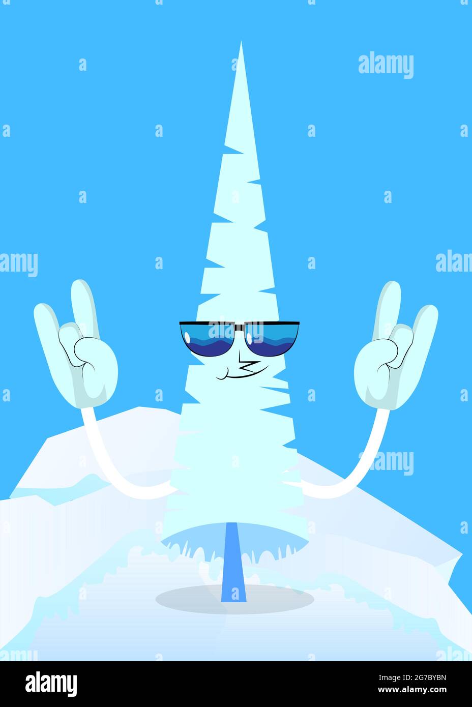 Cartoon winter pine trees with faces with hands in rocker pose. Cute forest trees. White pine ...