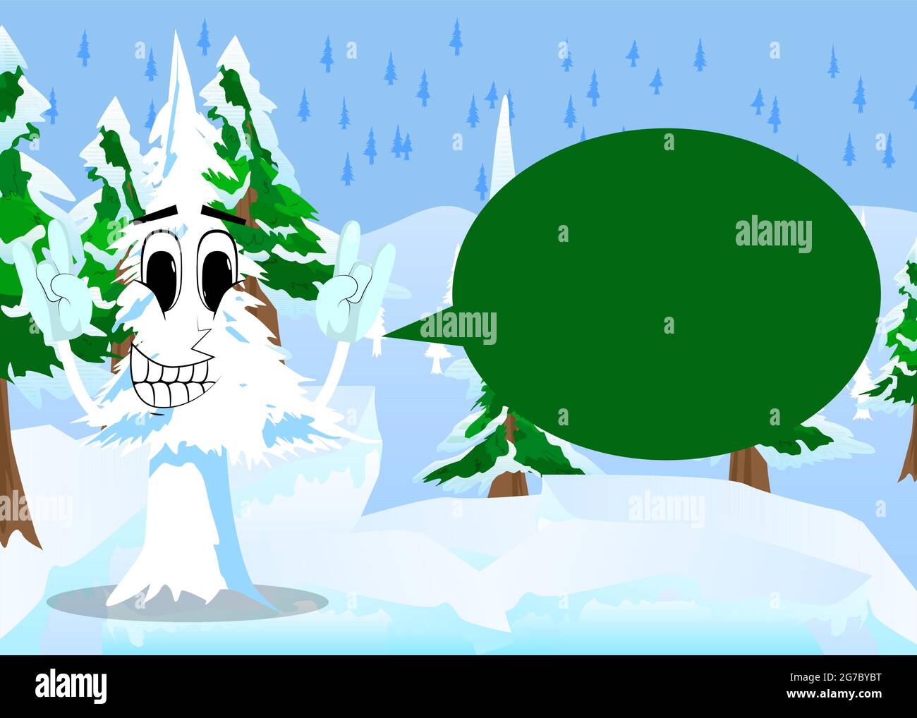 Cartoon winter pine trees with faces with hands in rocker pose. Cute ...