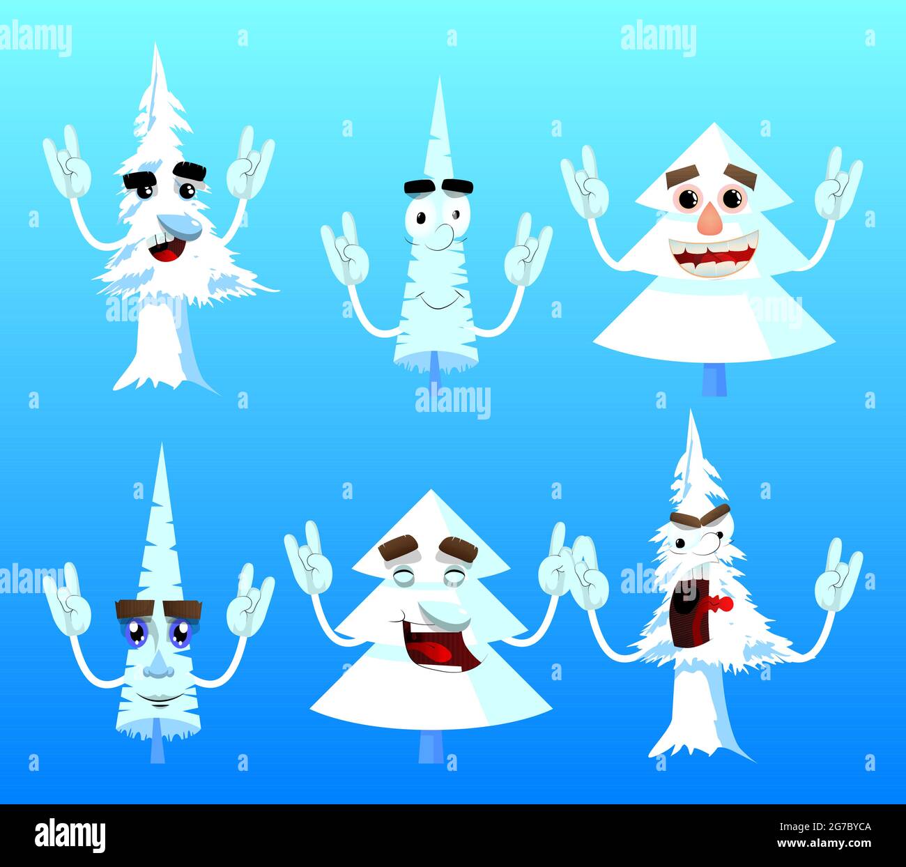 Cartoon winter pine trees with faces with hands in rocker pose. Cute ...