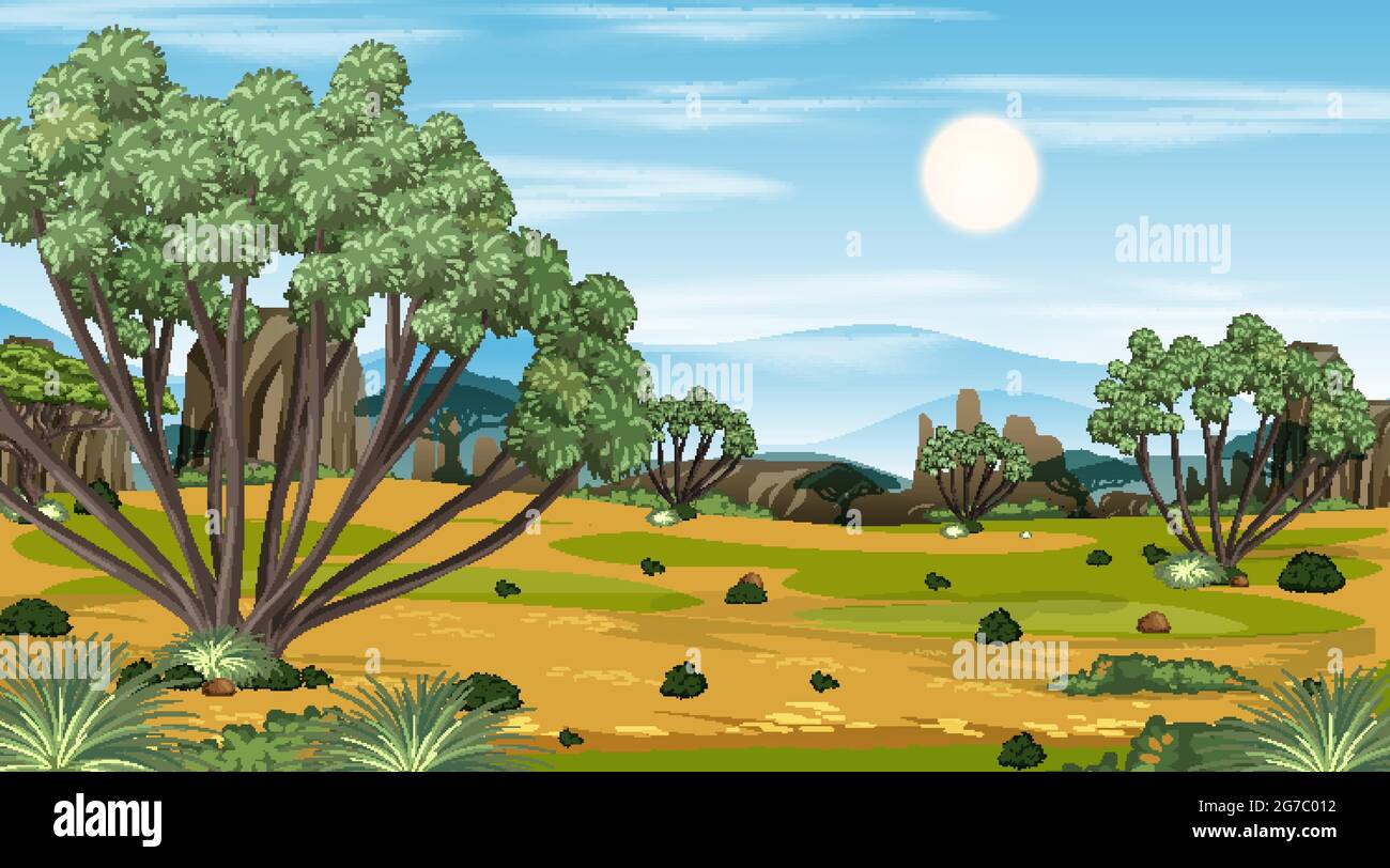 African Savanna forest landscape scene at day time illustration Stock ...