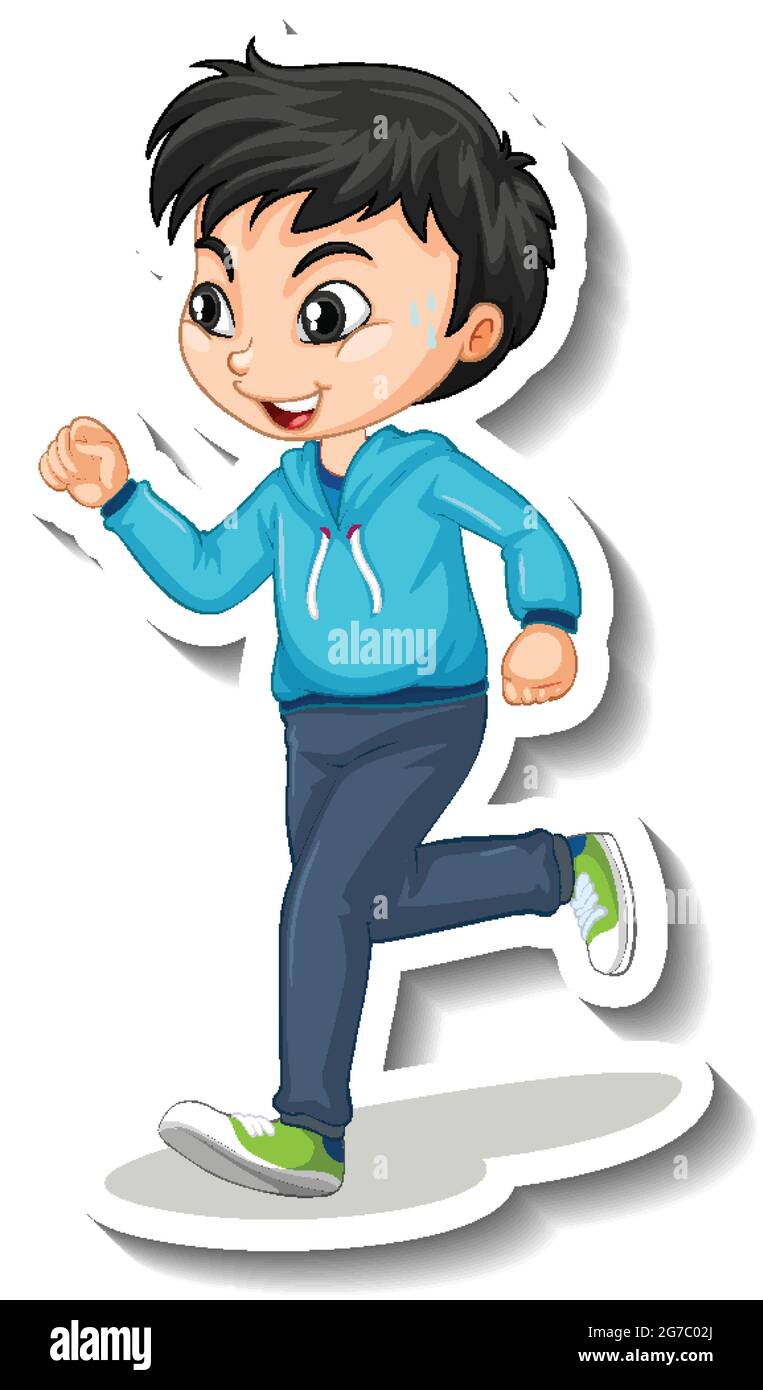 Cartoon character sticker with a boy jogging on white background ...