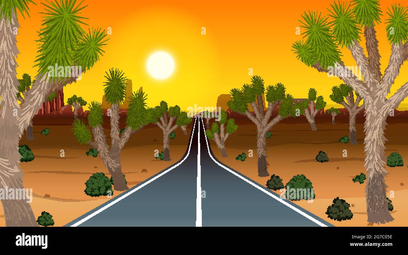 Long road through the desert landscape scene at sunset time ...