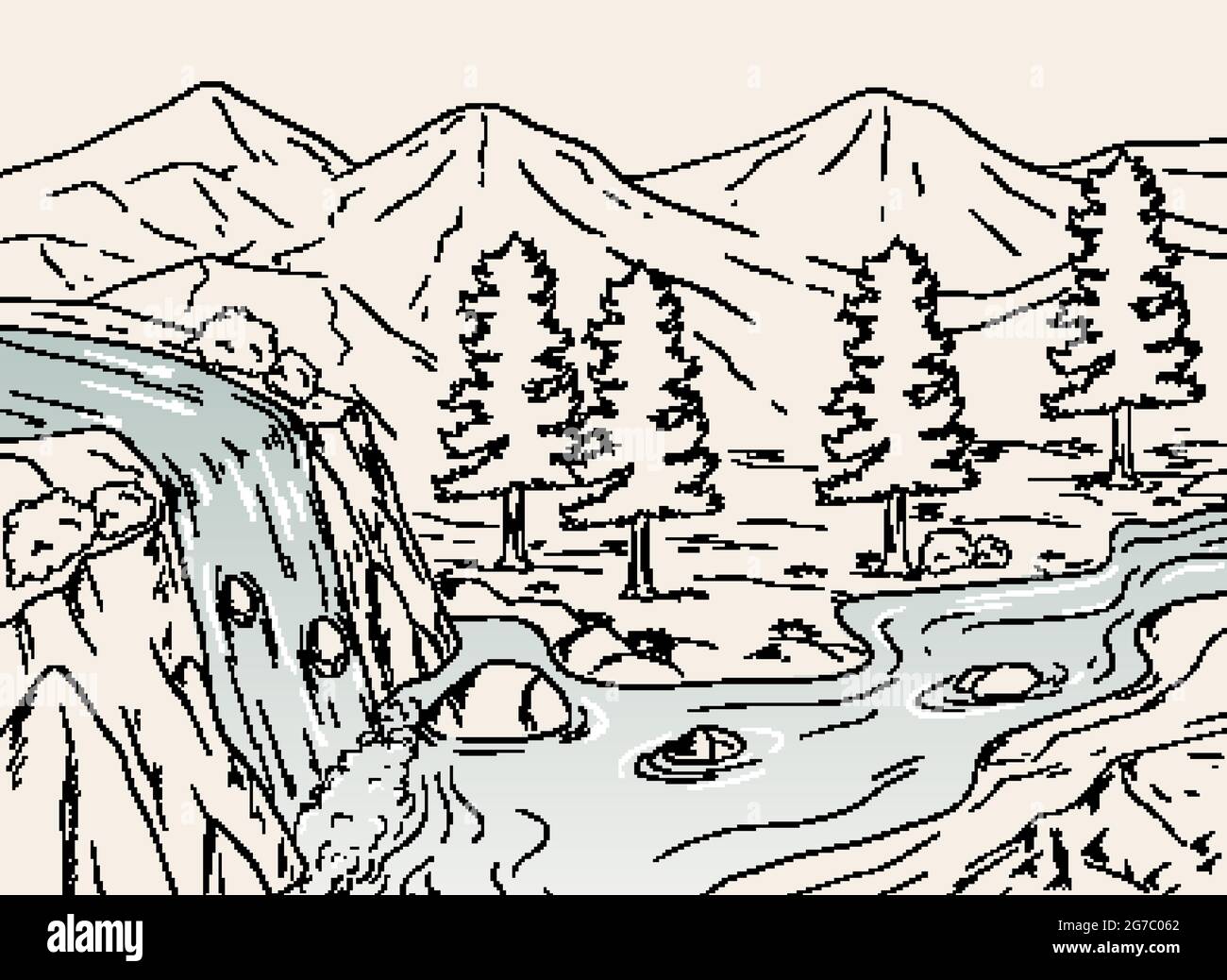 Sketch of forest with waterfall landscape illustration Stock Vector ...