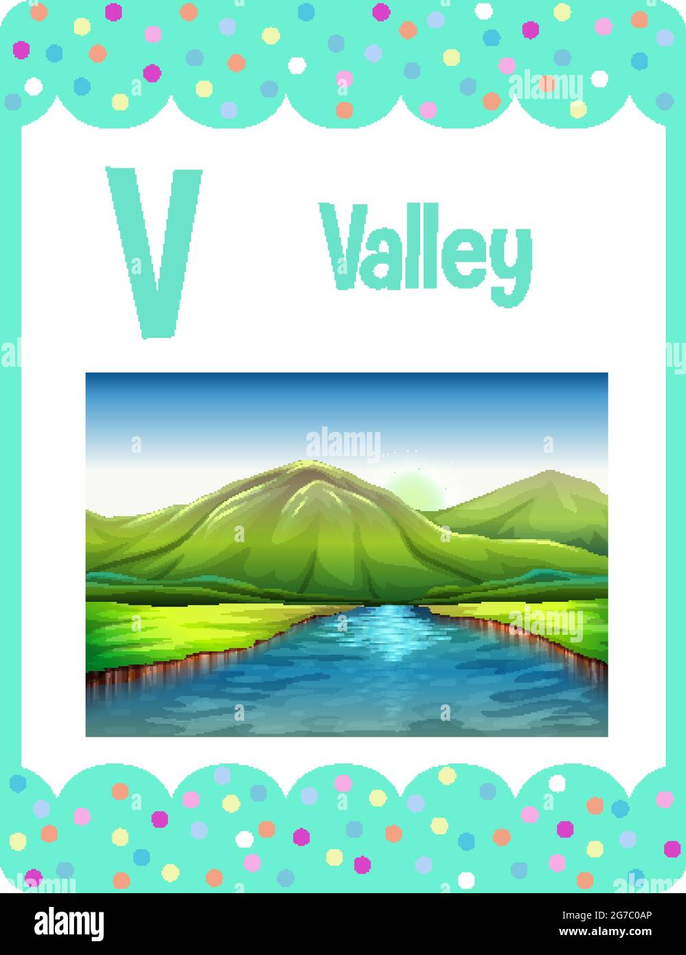 Alphabet flashcard with letter V for Valley illustration Stock Vector ...