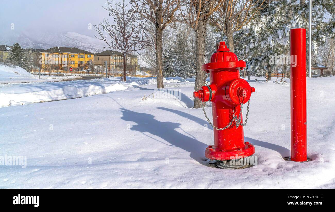 Pano Vibrant red fire hydrant and pole against nature landcsape of snow ...