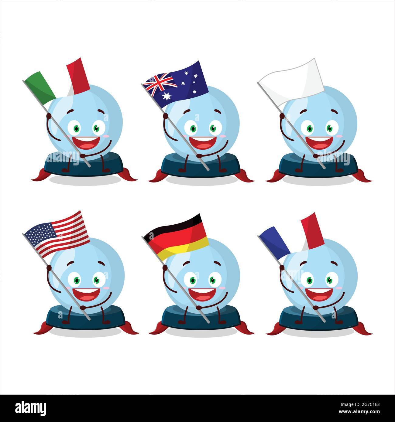 Crystal ball cartoon character bring the flags of various countries ...