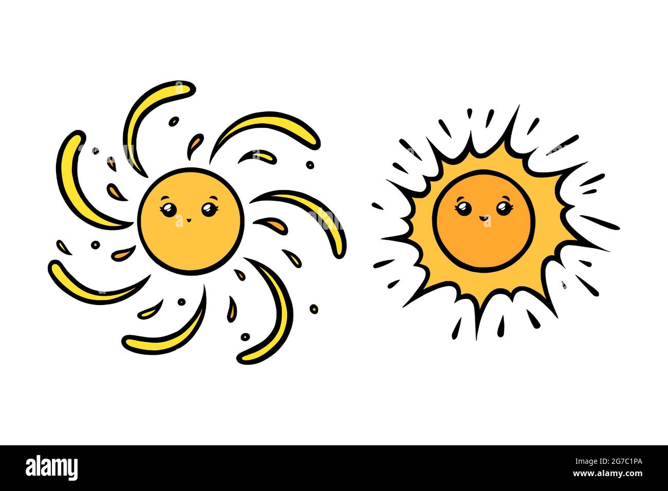 Cute suns with eyes and smiles. Yellow sun smiling faces in doodle ...
