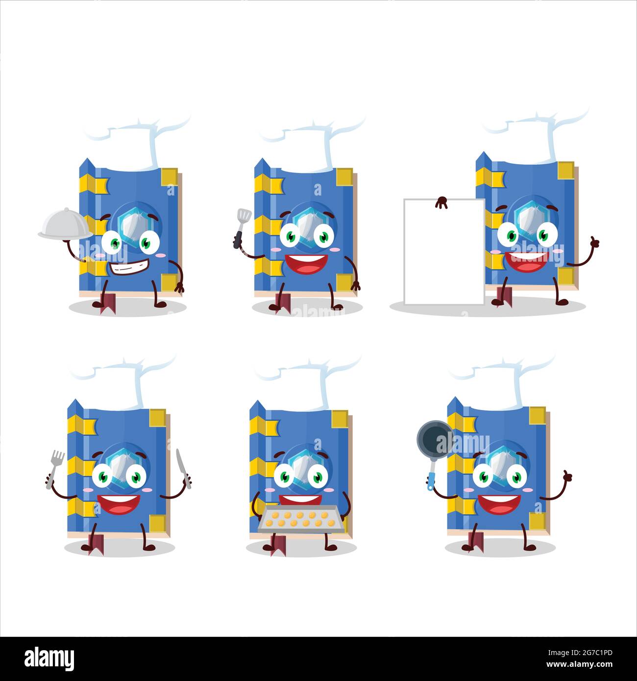 Cartoon character of ice book of magic with various chef emoticons ...