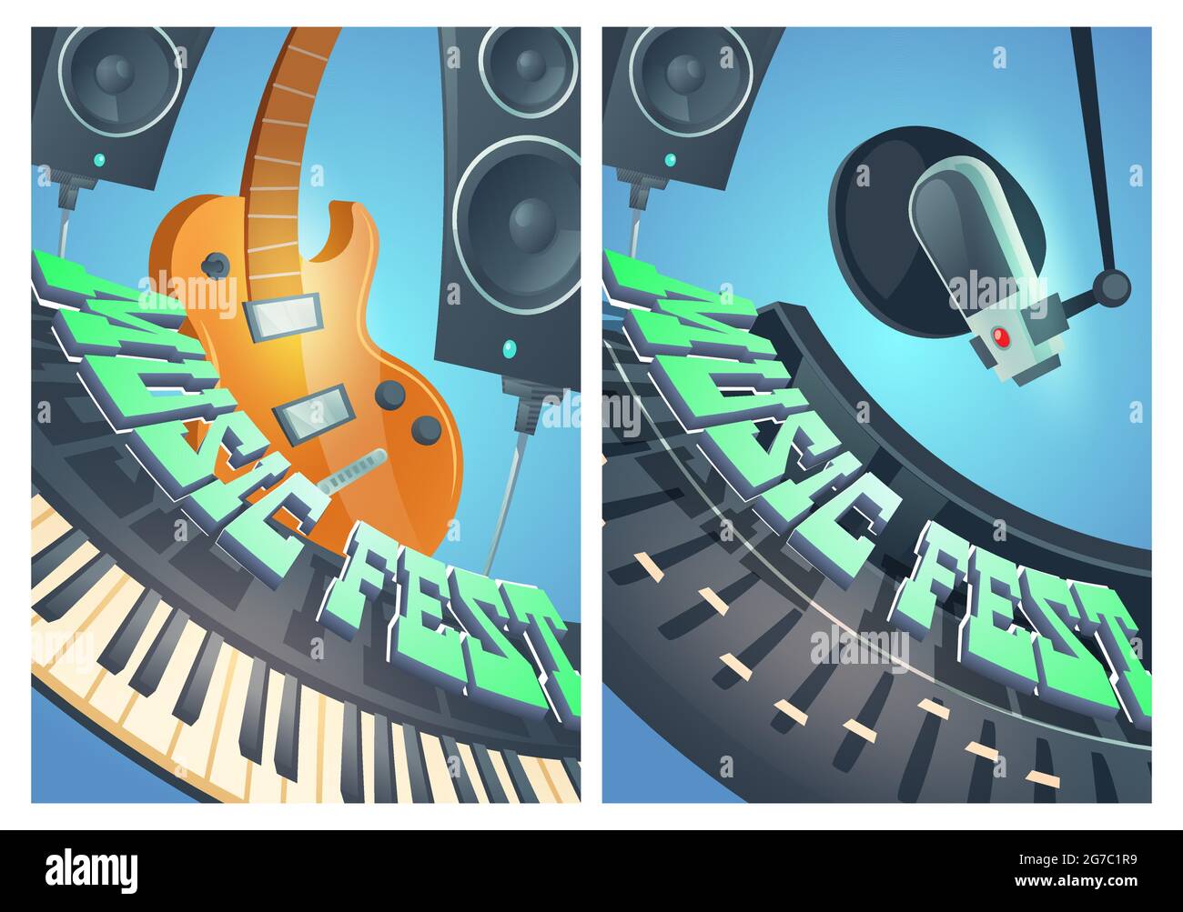 Music fest cartoon posters with electric guitar, synthesizer, dynamics ...