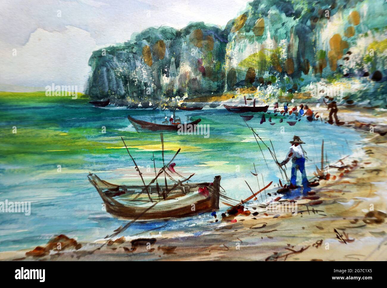 Beach sunset watercolor painting hi-res stock photography and images ...