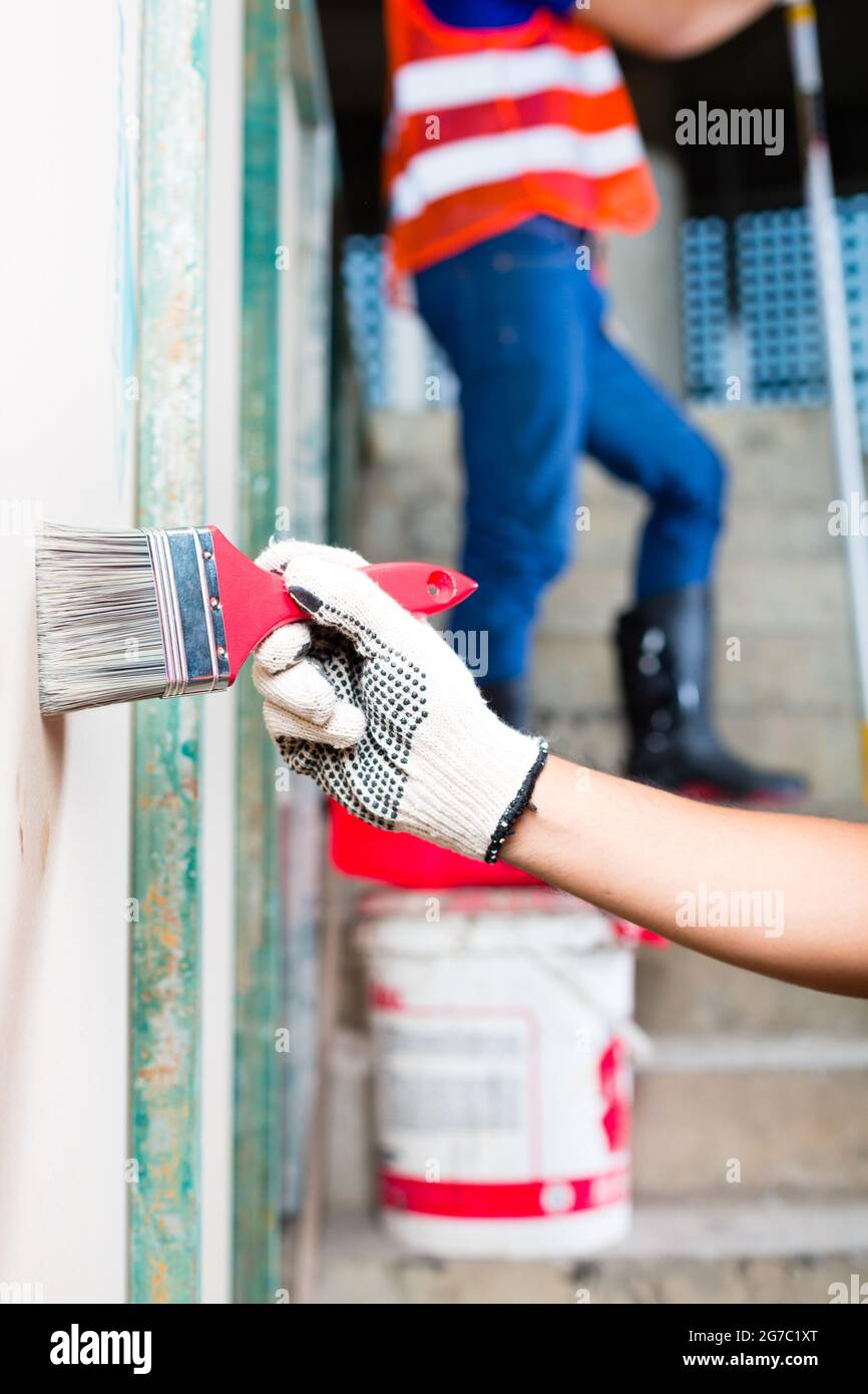 painter painting with a brush, color and protection gloves a wall of a ...