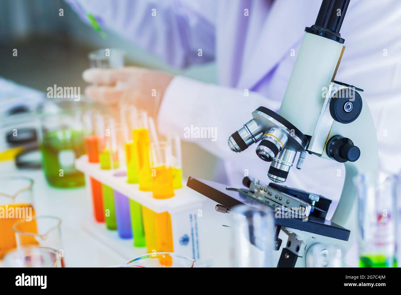Close-up, medical laboratory, scientists use a microscope for testing ...