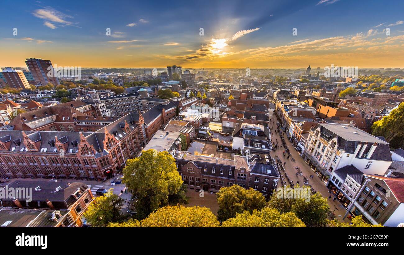 Aerial Skyline view of historic Groningen city centre under setting sun ...