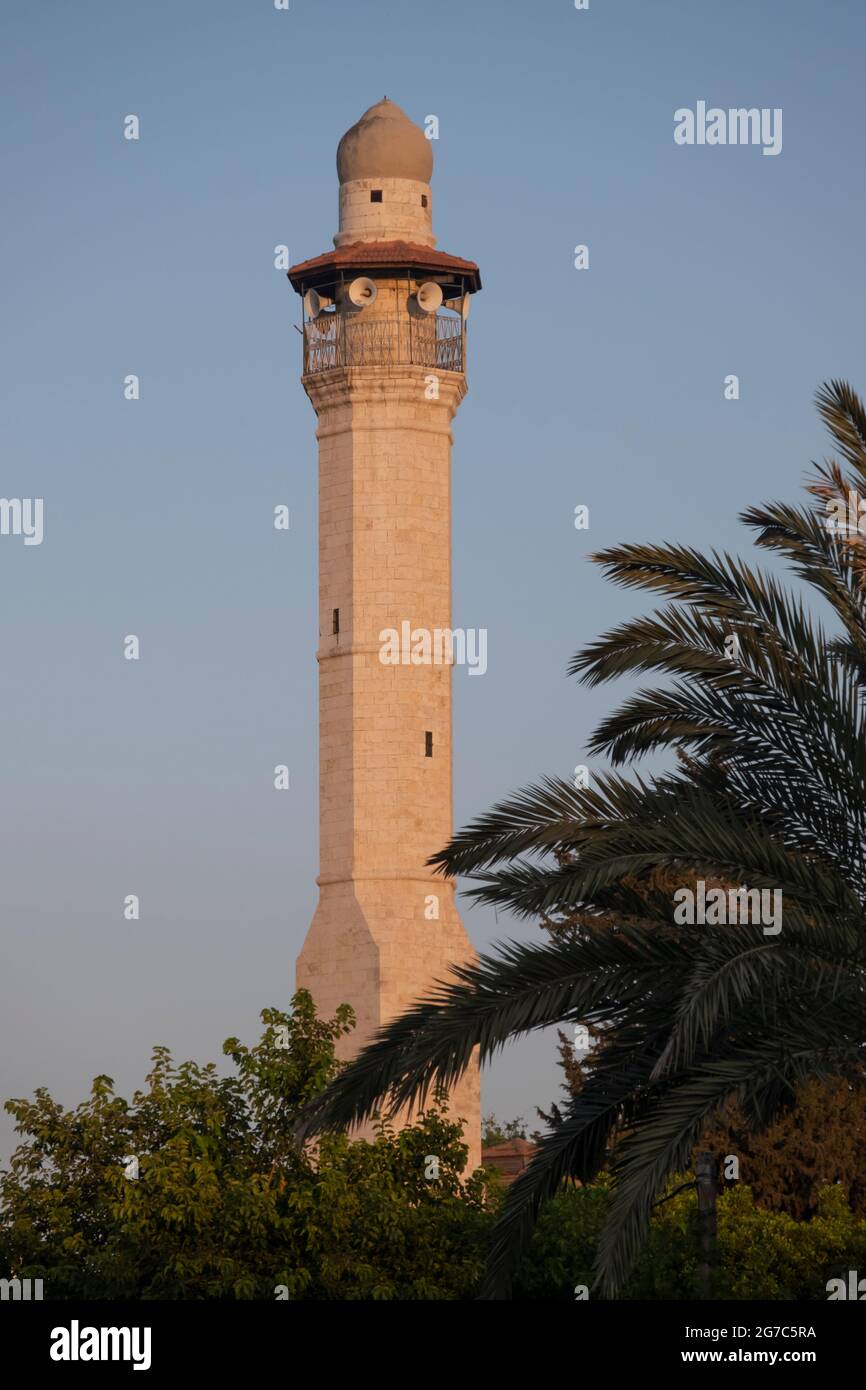 View of the minaret of al-Omari Mosque in the mixed Israeli-Arab city ...