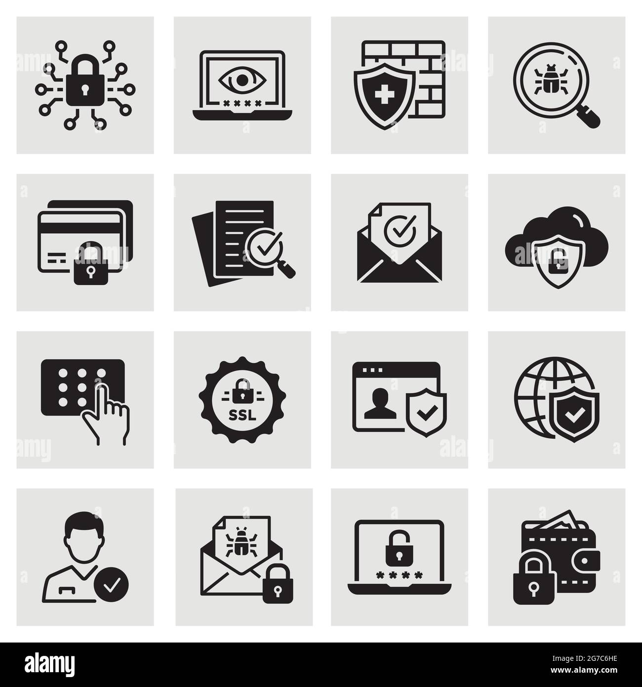 Cyber security icons, such as email virus threat, digital key ...