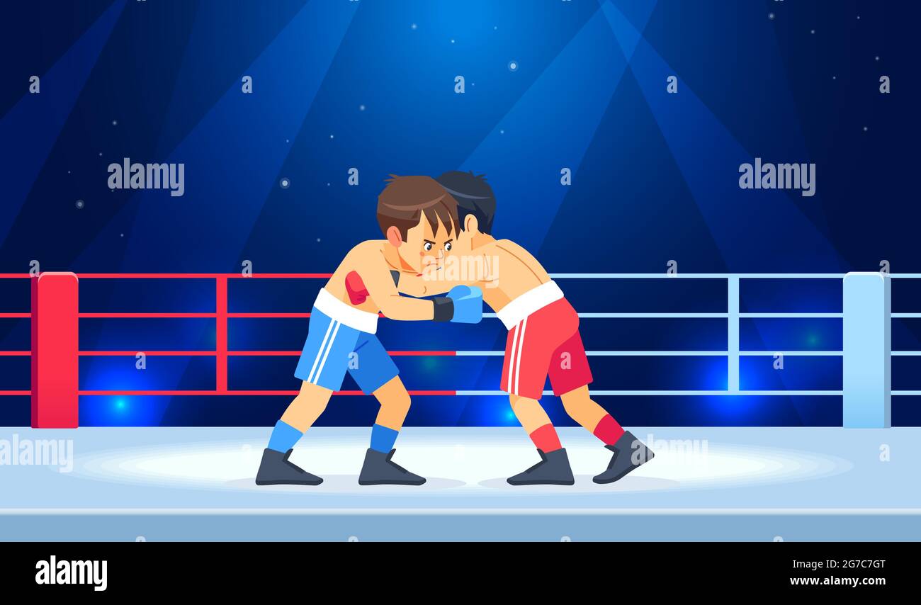 Young guys muscular boxers in boxing gloves stand in a clinch in the ...