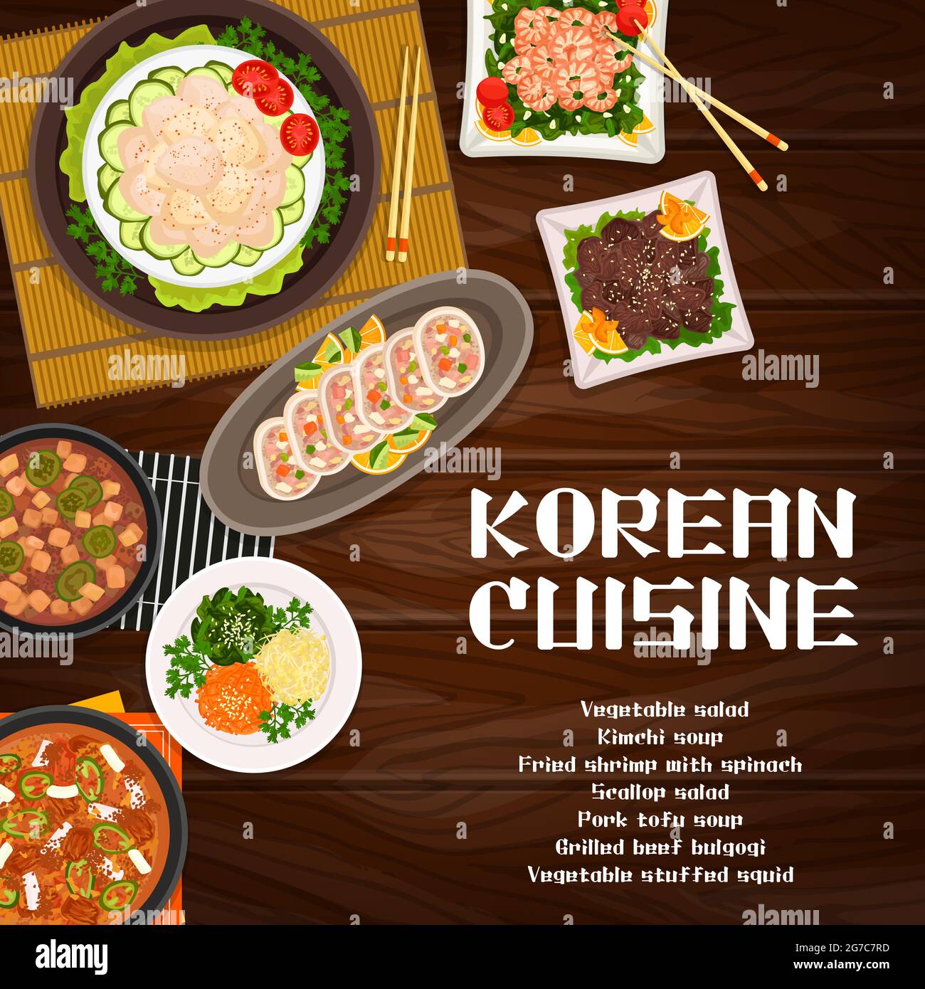 Korean food restaurant, cafe meals banner. Kimchi and pork tofu soup ...