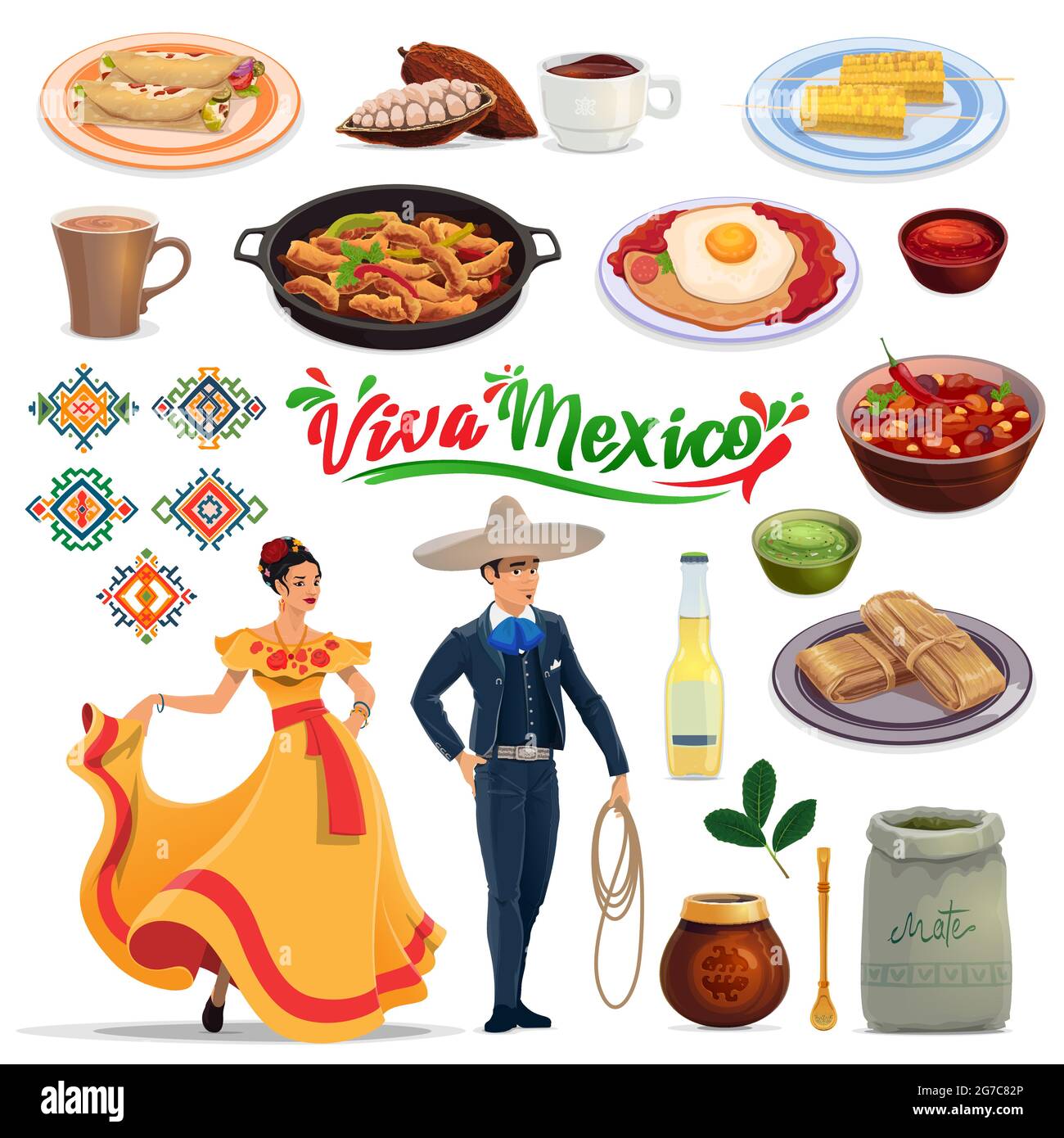 Mexican meals and drinks, people in carnival costumes. Vector enchilada ...