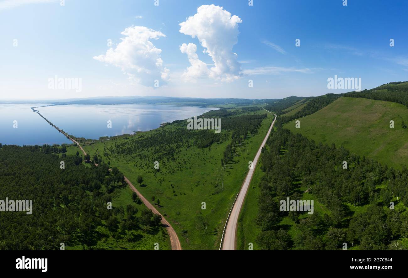 Aerial drone view of sea landscape with road in sunny summer Stock ...