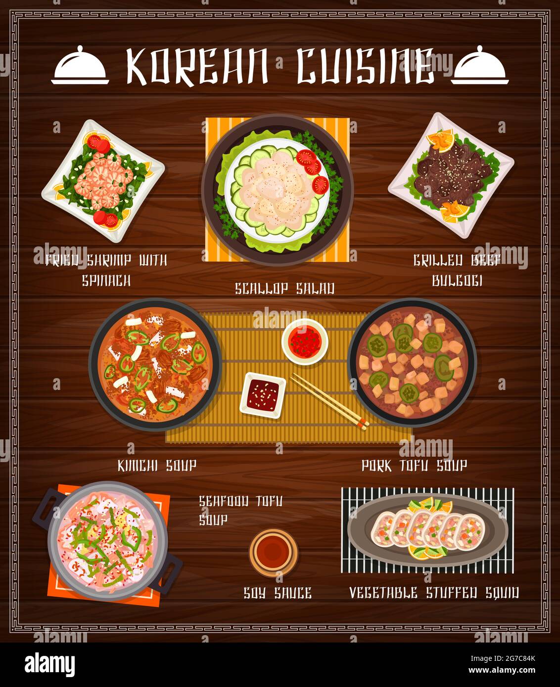 Korean food restaurant menu cover with seafood and vegetable meals ...