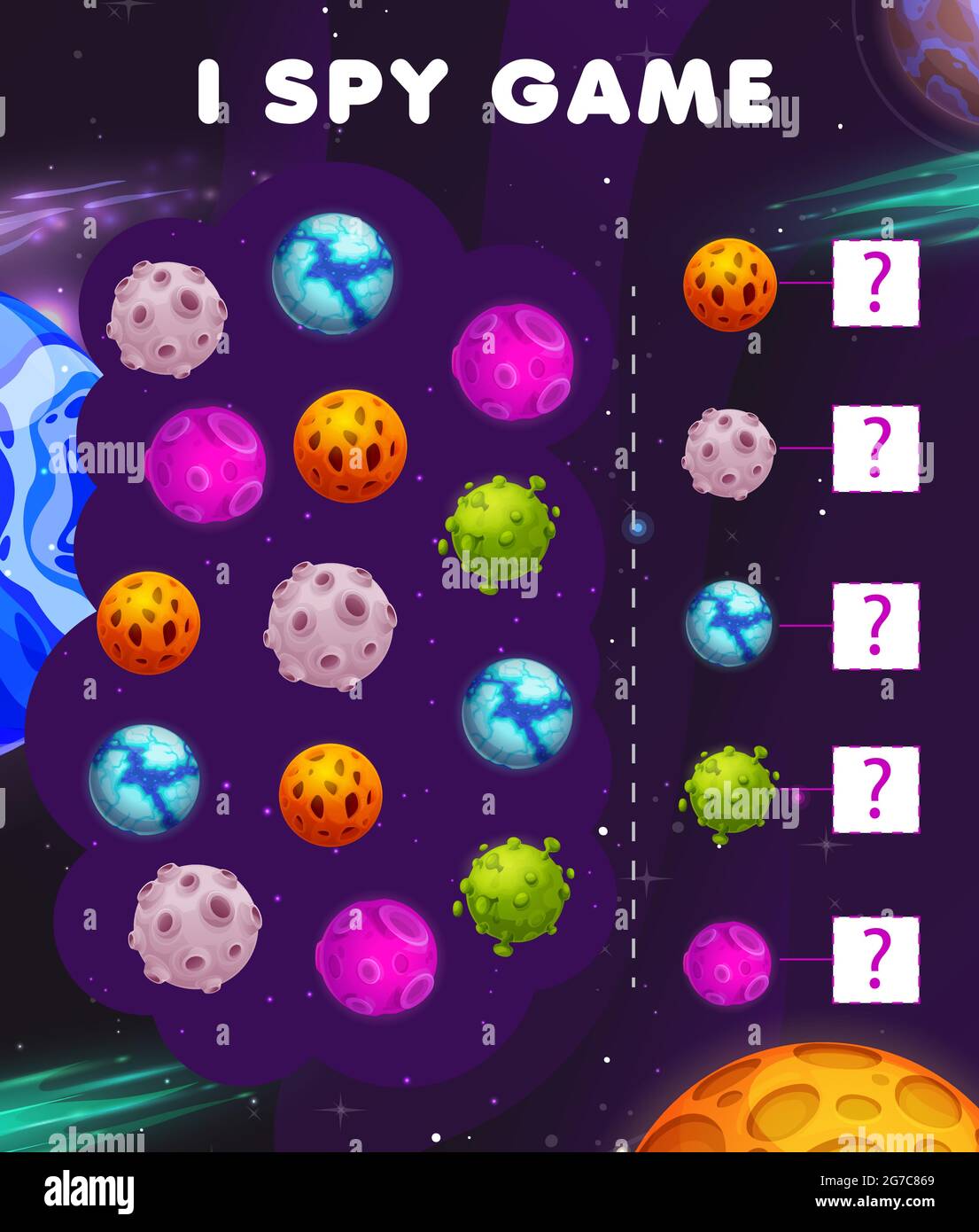 I spy kids game, cartoon space planets vector math test for children ...