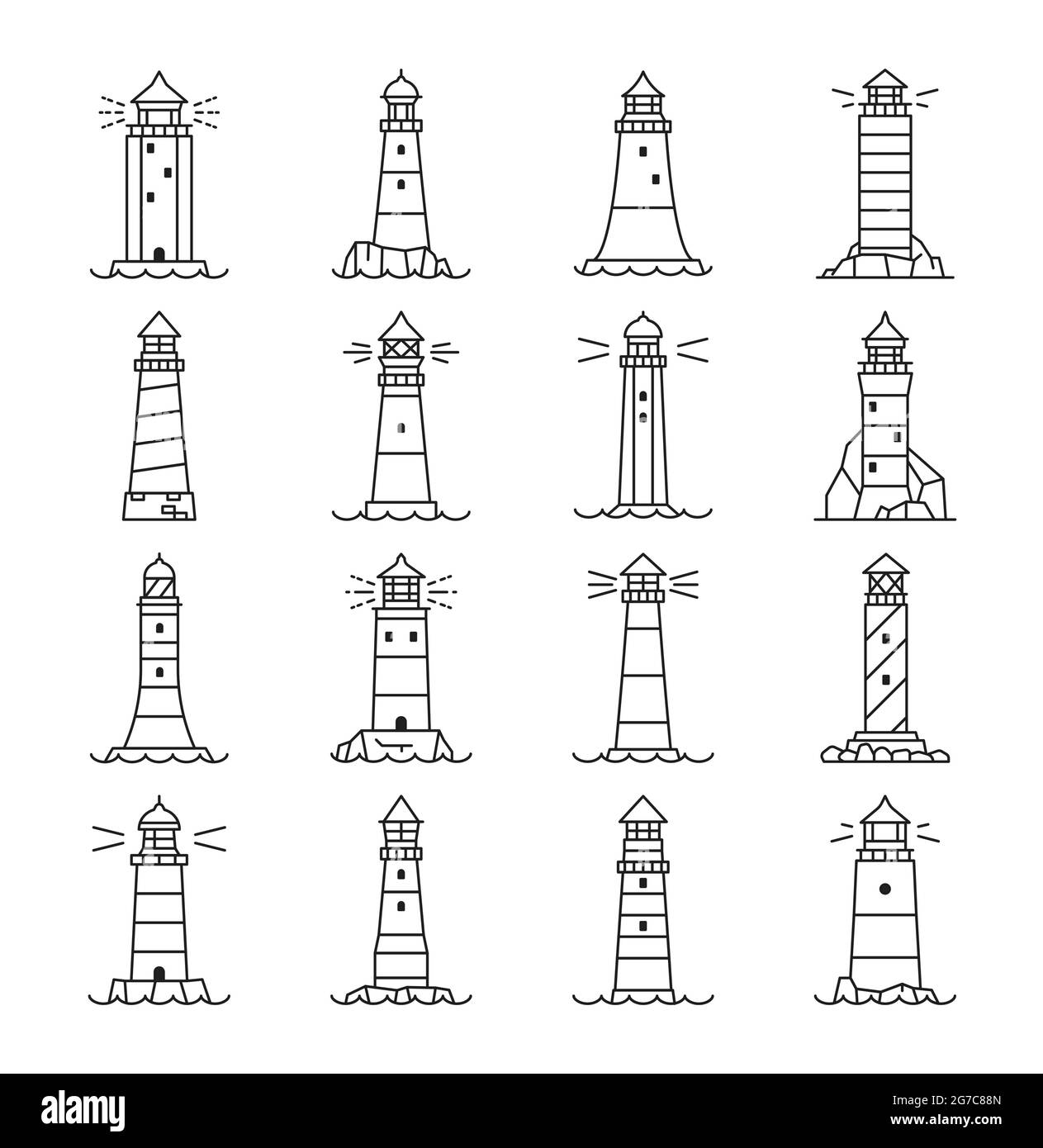 Lighthouse and beacon outline icons, vector linear buildings, nautical ...