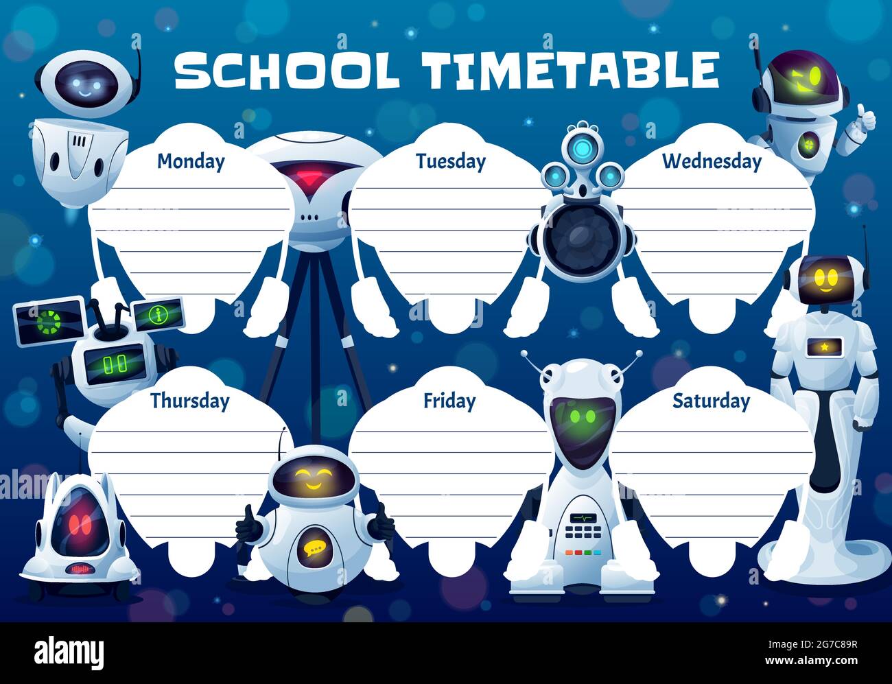 Drones, robots and androids school timetable vector template. Weekly ...
